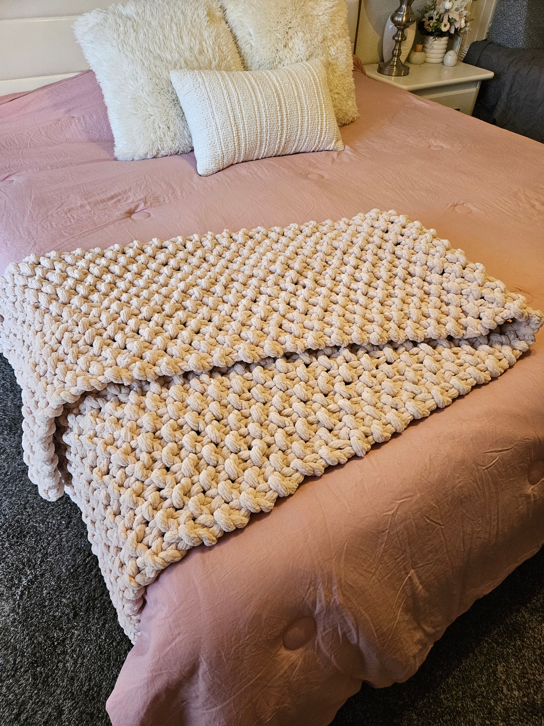 Handmade Knitted Chunky Beige Velvet Bed Runner Queen - Etsy