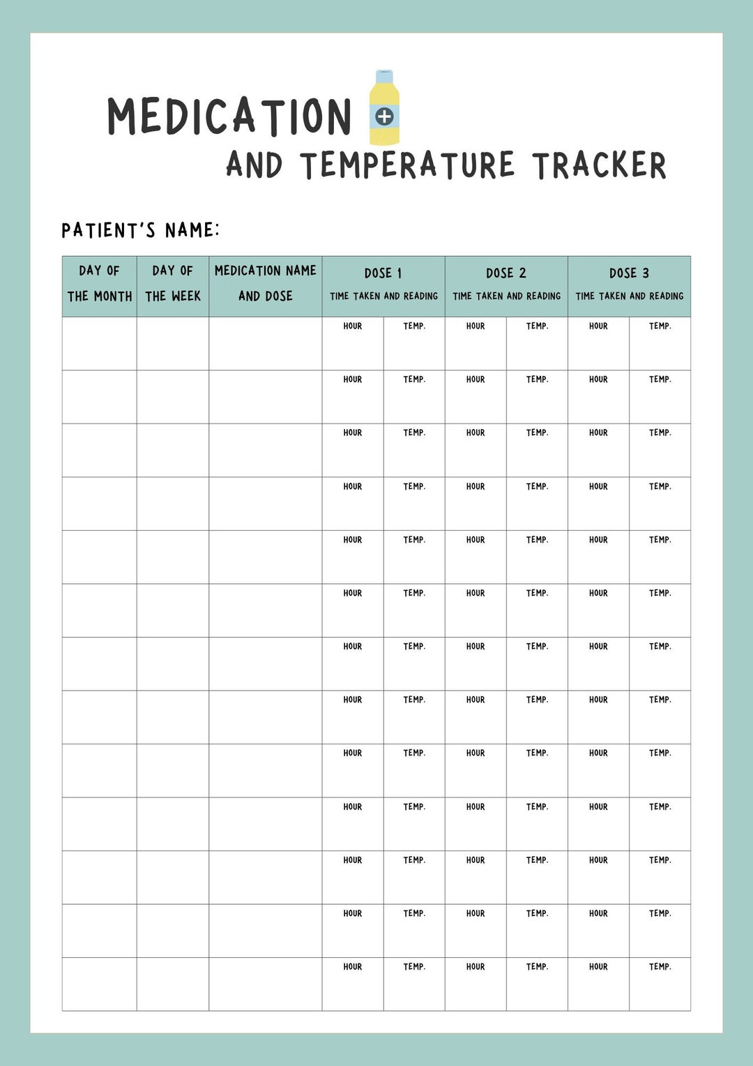 Medication and Temperature Tracker Printable Easy Medicine - Etsy