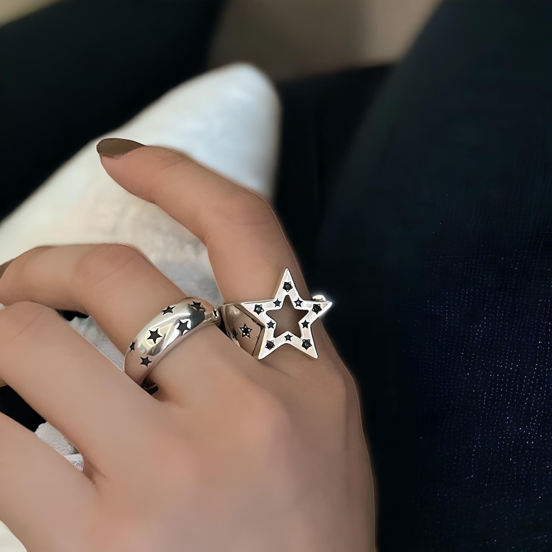 Y2k Star Ring Set Sterling Silver Y2k Rings Chunky Geometric Ring Punk Ring Y2k Jewelry ...