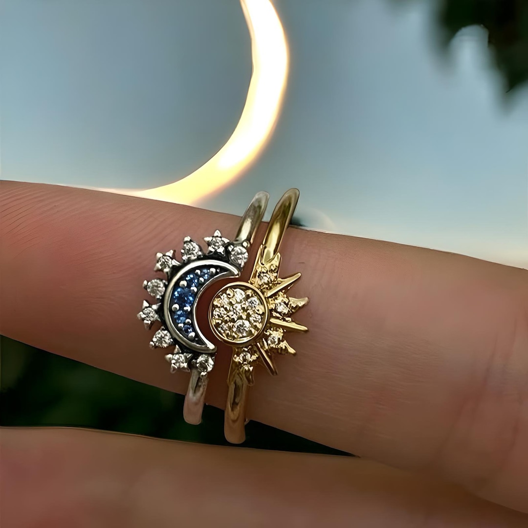 Celestial Sun and Moon Ring Set Silver Pandora Sun and Moon Couples Ring Set Unique Matching ...