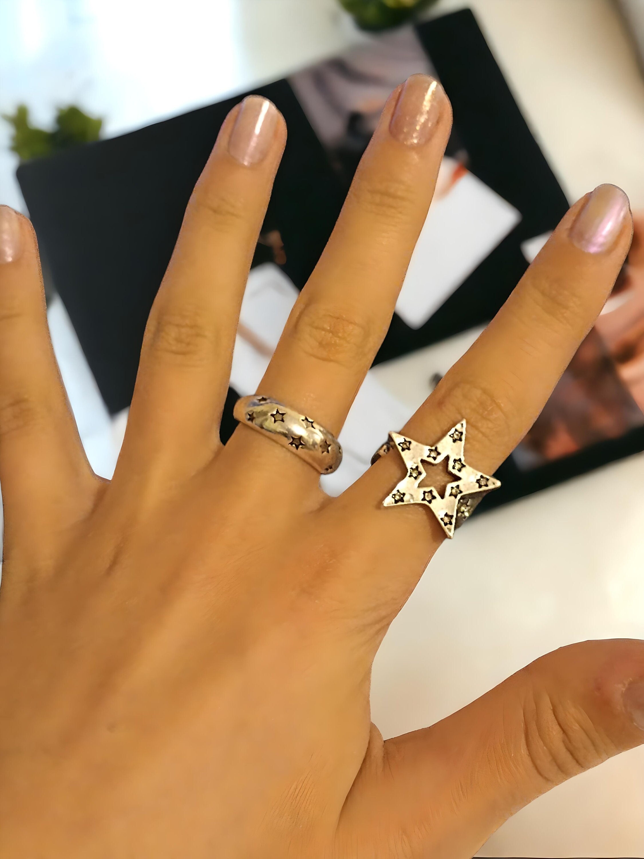 Y2k Star Ring Set Chunky Silver Geometric Punk Ring Adjustable Silver Finger Irregular Ring Set ...