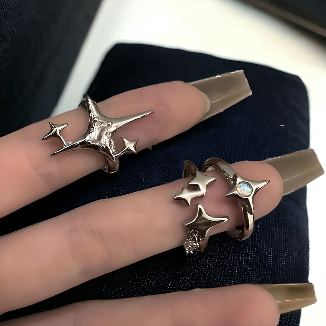 Silver Y2k Star Rings Y2k Egirl Silver Star Rings, Cross Design Irregular Rings, Adjustable ...
