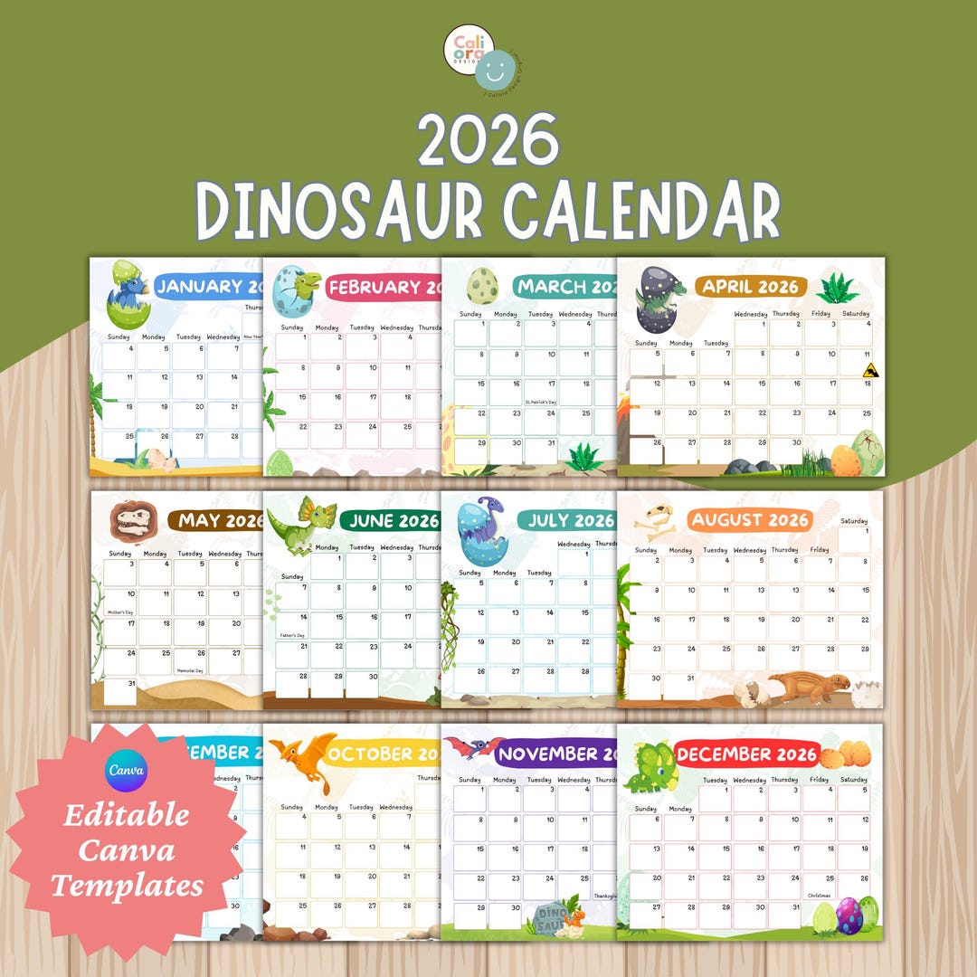 Dinosaur 2026 Calendar, Kids Editable Calendar Templates, Printable ...