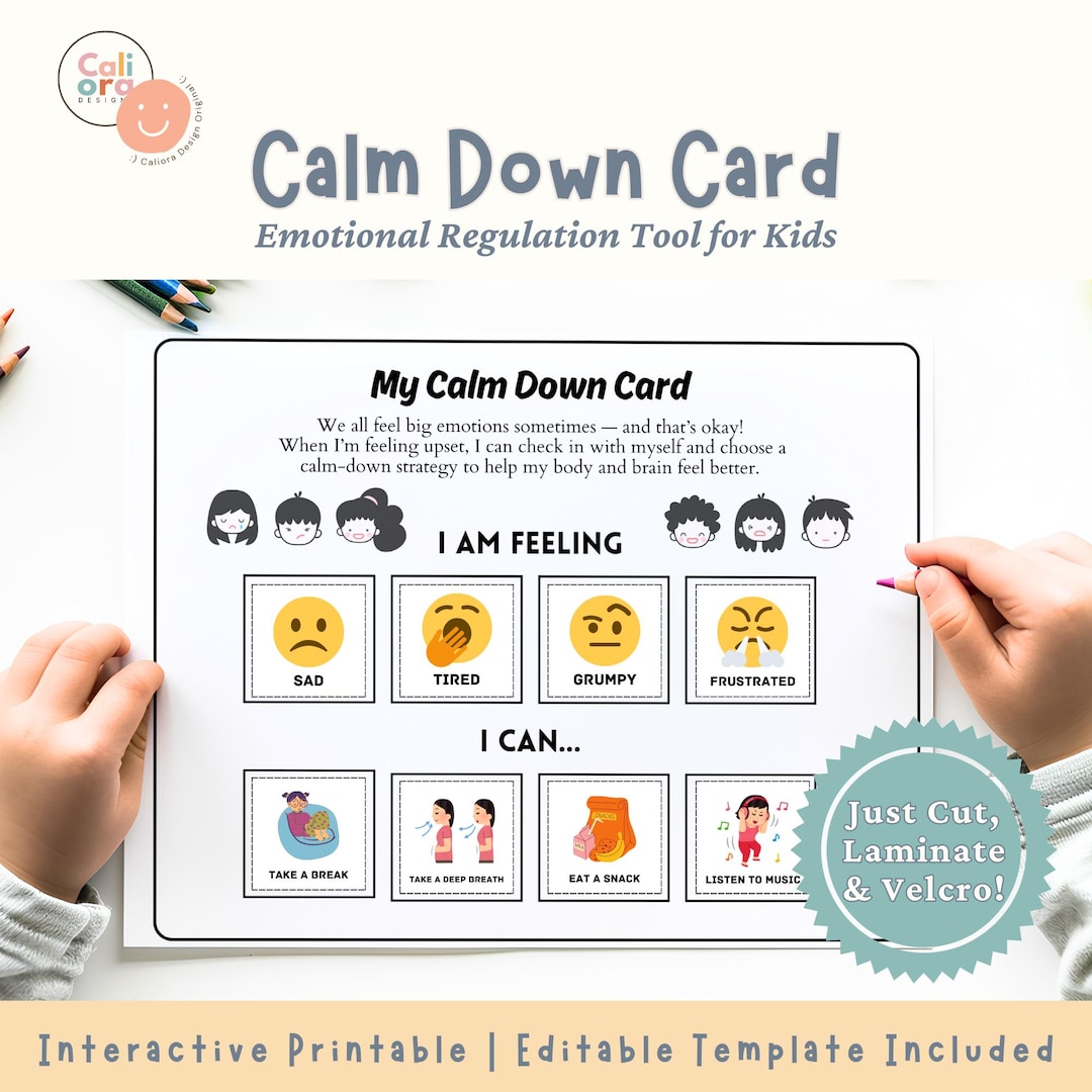 Calm Down Card, Kids Emotion Regulation, Feelings Chart, Printable ...