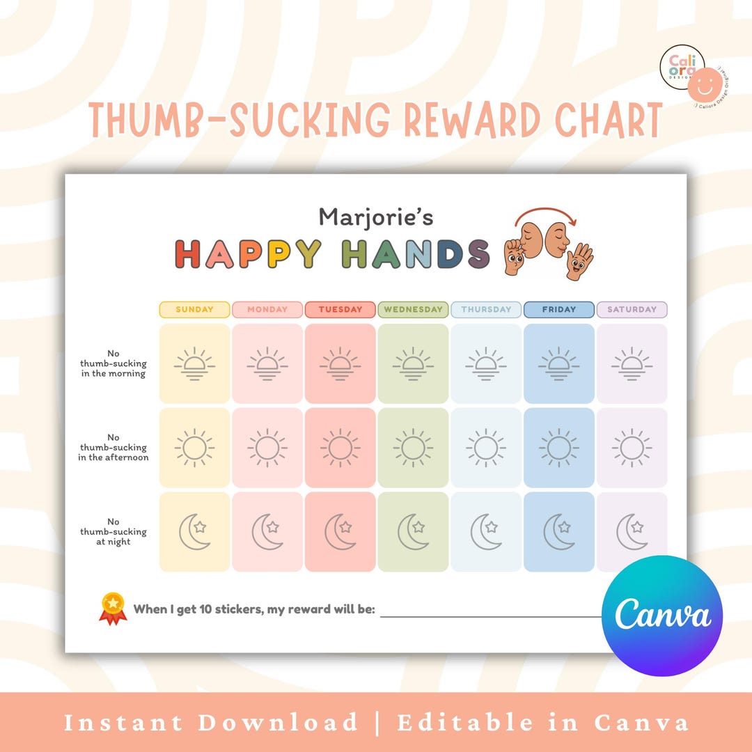 Thumb Sucking Reward Chart Printable, Editable Habit Tracker for Kids ...