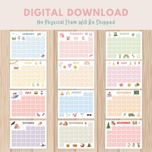 2025 Calendar Printable, Cute Kids Watercolor Calendar 2025, Wall ...