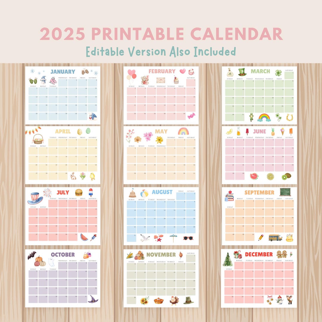 2025 Calendar Printable, Cute Kids Watercolor Calendar 2025, Wall ...