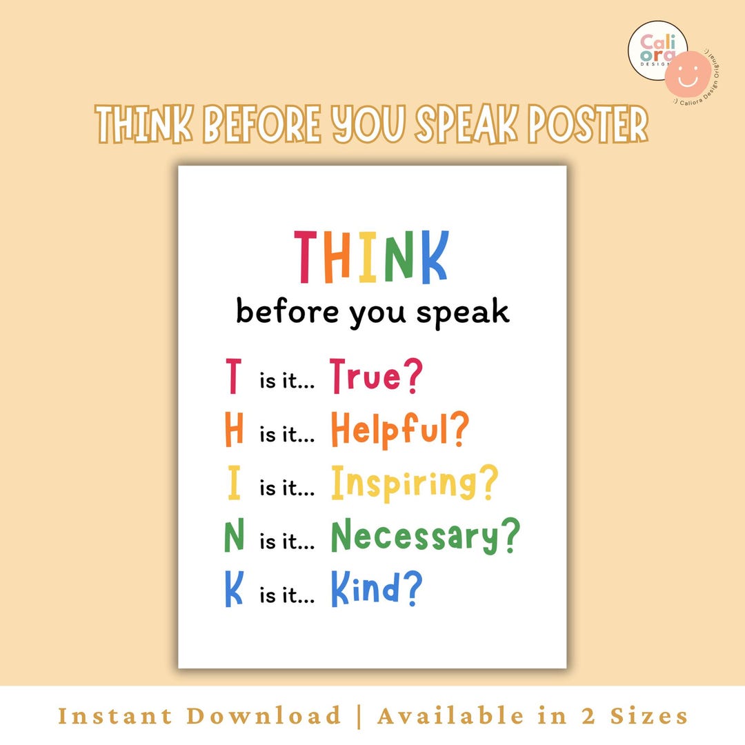 Think Before You Speak Poster, Classroom Decor, Homeschool Digital ...