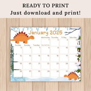 2025 Calendar Printable, Dinosaur Calendar for Kids, Wall Calendar PDF ...