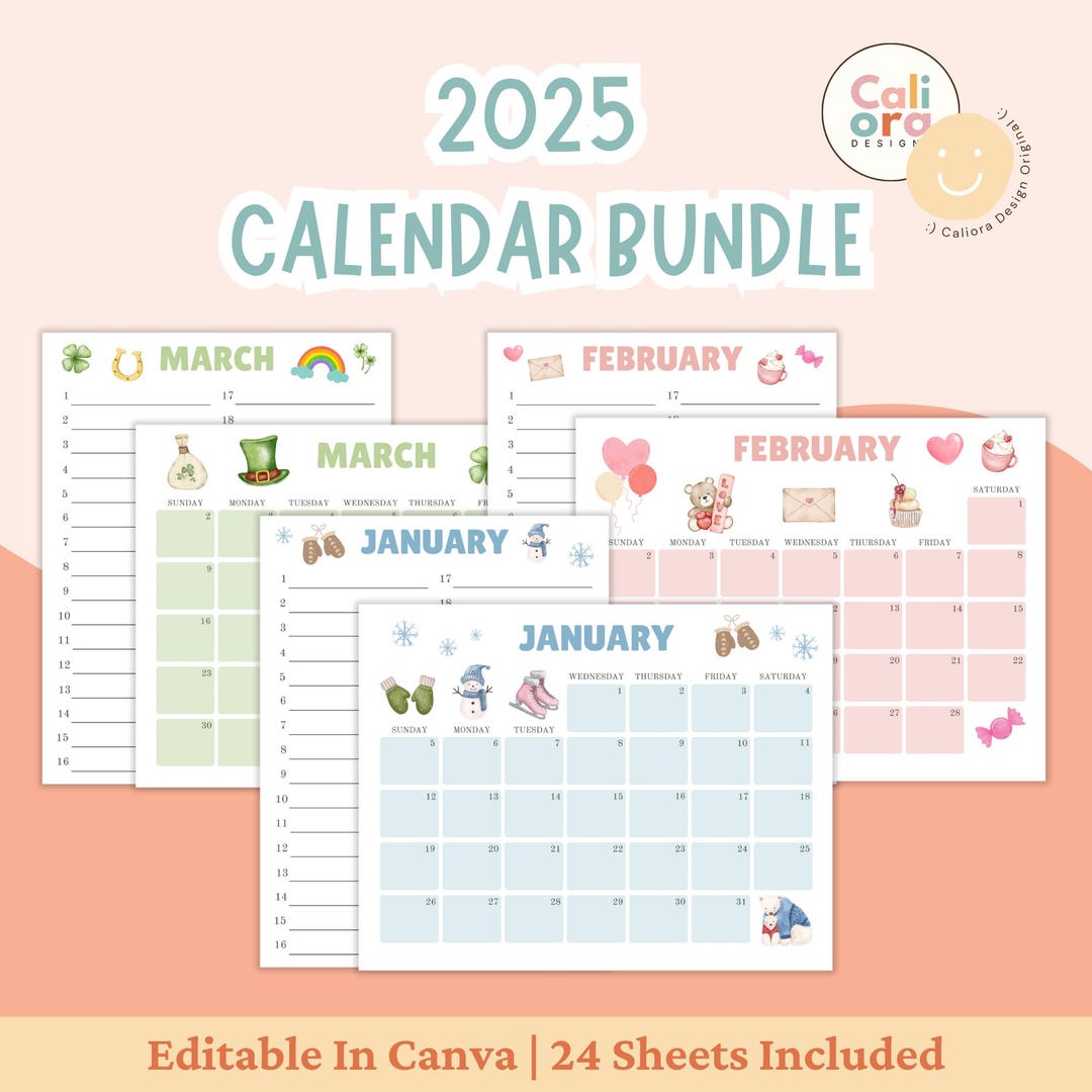 2025 Calendar Bundle, Editable Kids Calendar, Printable Annual Calendar ...