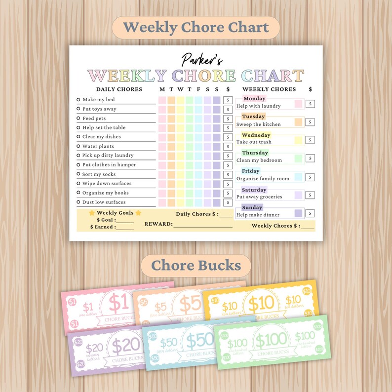 Editable Chore Chart, Kids Reward Bucks, Weekly Planner, Daily Routine ...