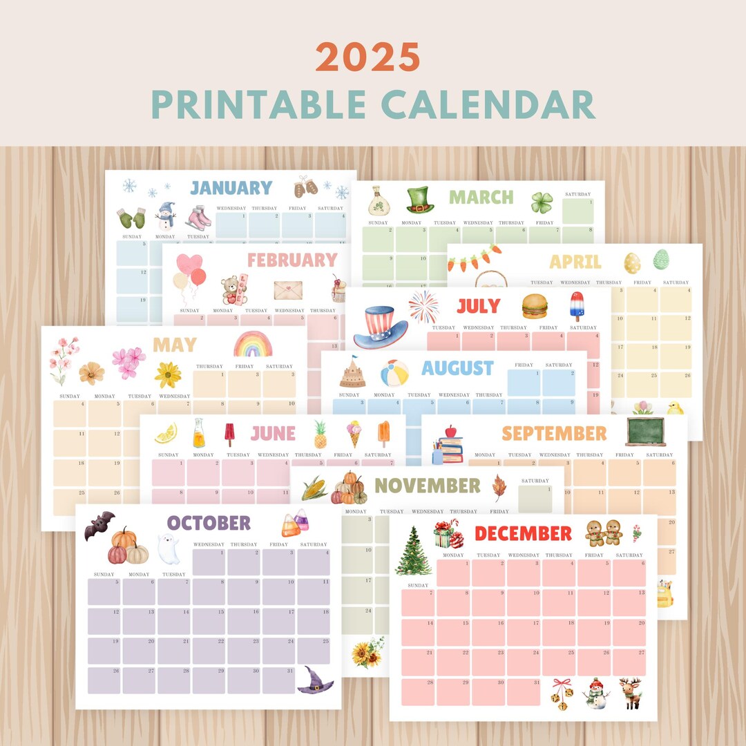 Editable Calendar for Kids, Cute Watercolor 2025 Calendar, Wall ...