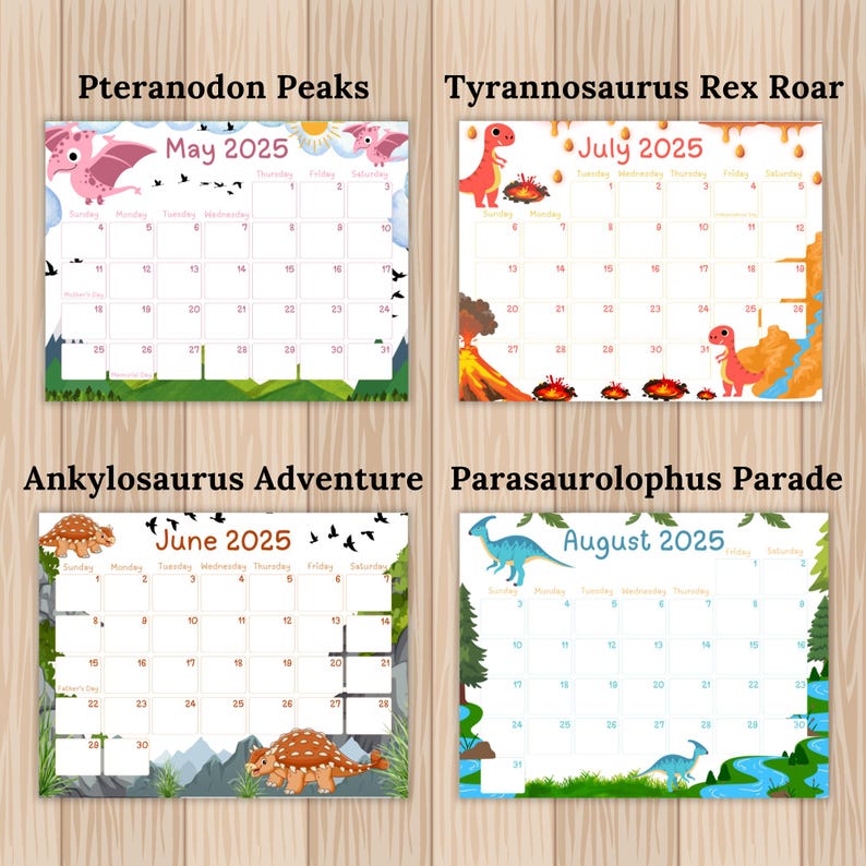 Calendario 2025 imprimible, calendario de dinosaurios para niños ...