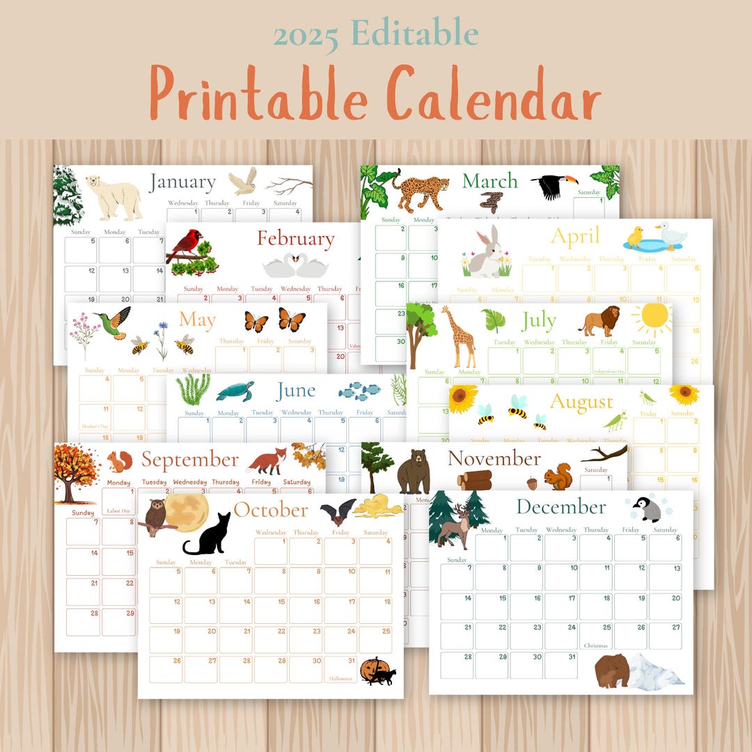 2025 Kids Calendar, Cute Animals Printable Calendar, Wall Calendar for ...
