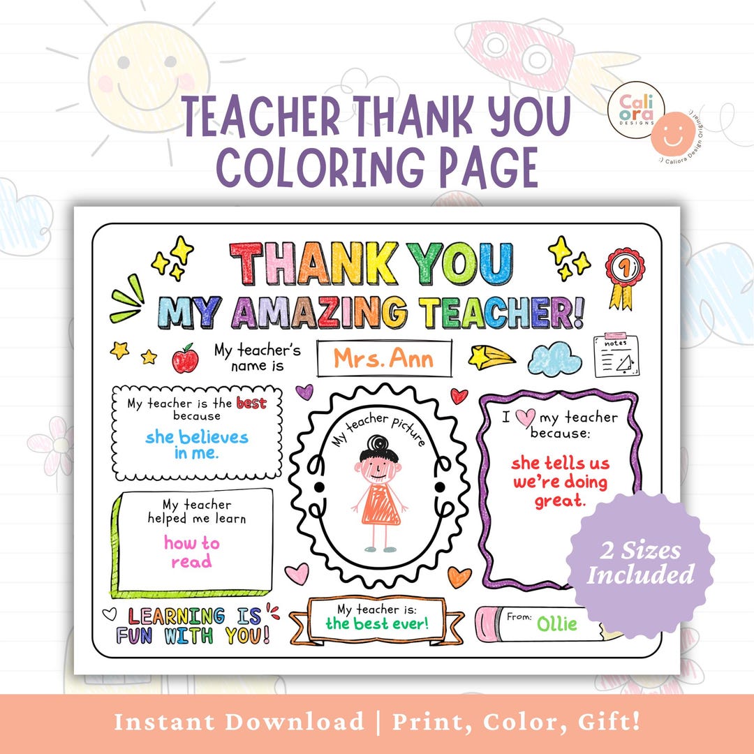 Teacher Thank You Coloring Page, Printable Teacher Gift From Kids, End ...