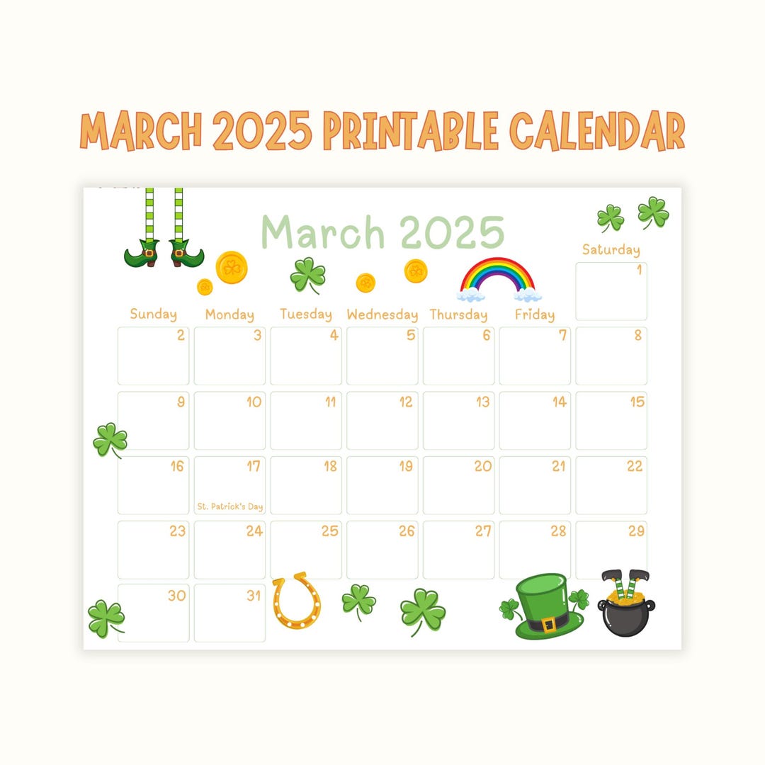 March 2025 Printable Calendar, Editable March Calendar, Cute Kids Wall ...