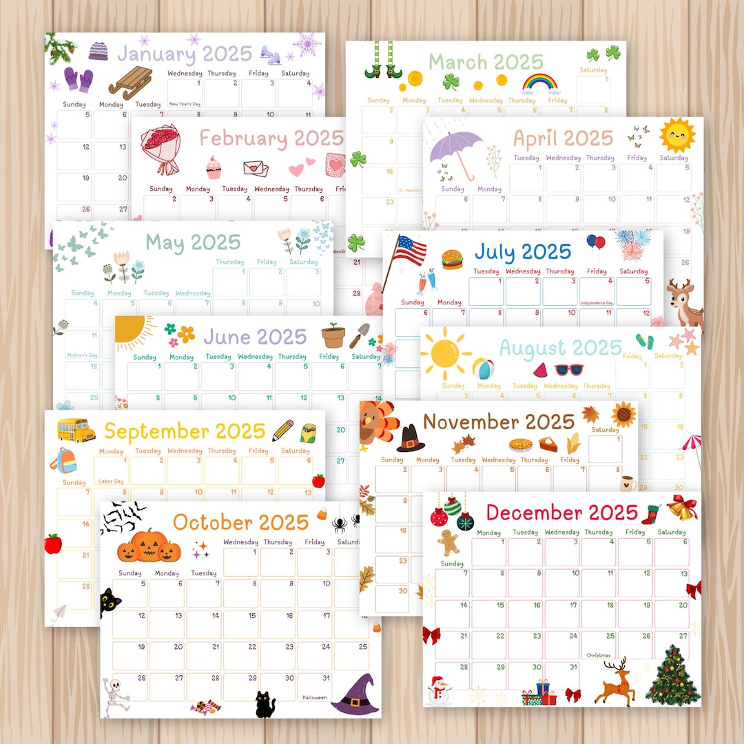 2025 Calendar Printable, Cute Kids Calendar 2025, Wall Calendar PDF ...