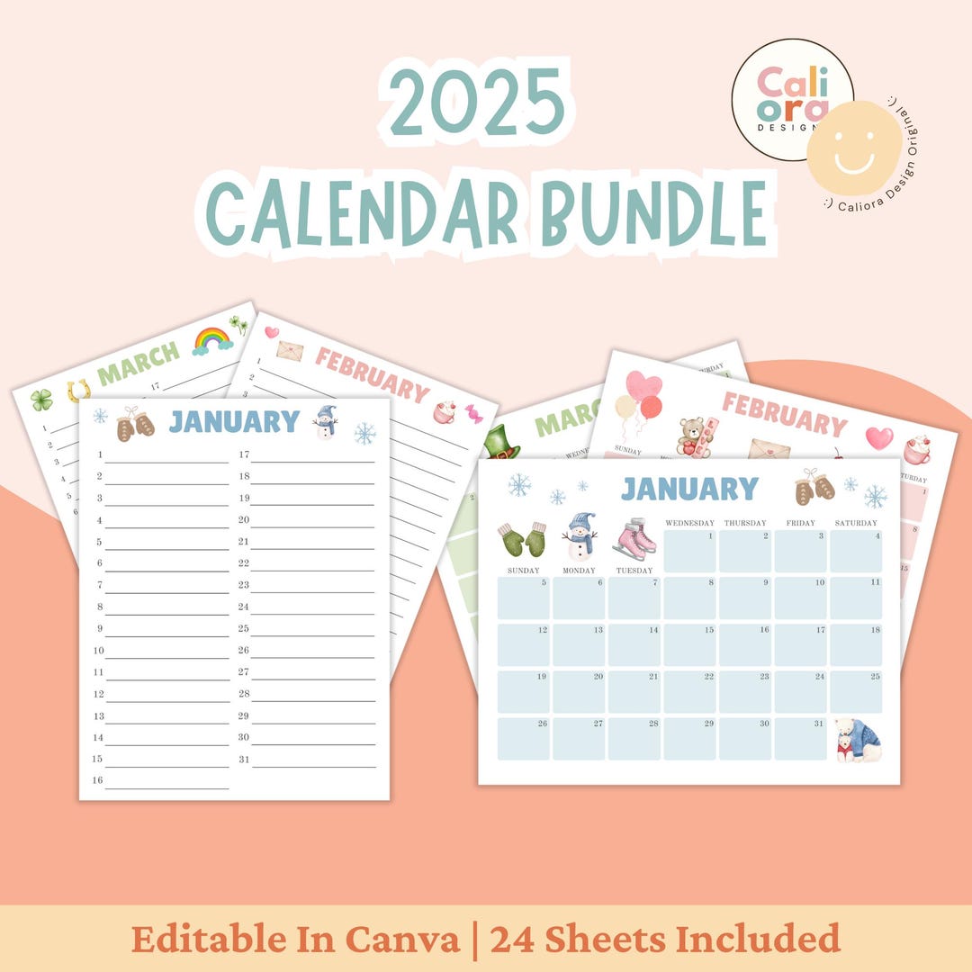 2025 Calendar Bundle, Editable Kids Calendar, Printable Annual Calendar ...