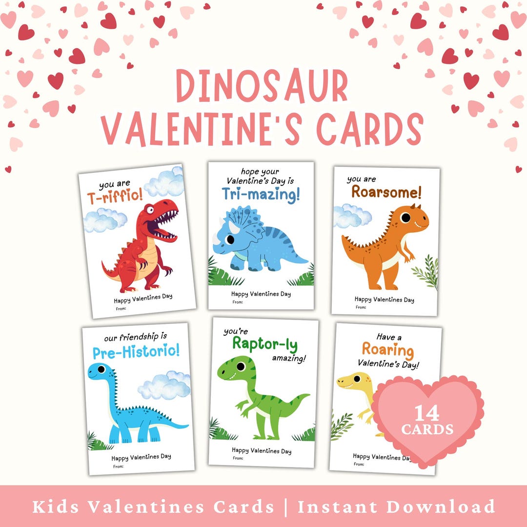 Kids Dinosaur Valentines Cards, Kids Valentines Day Cards, Dinosaur ...