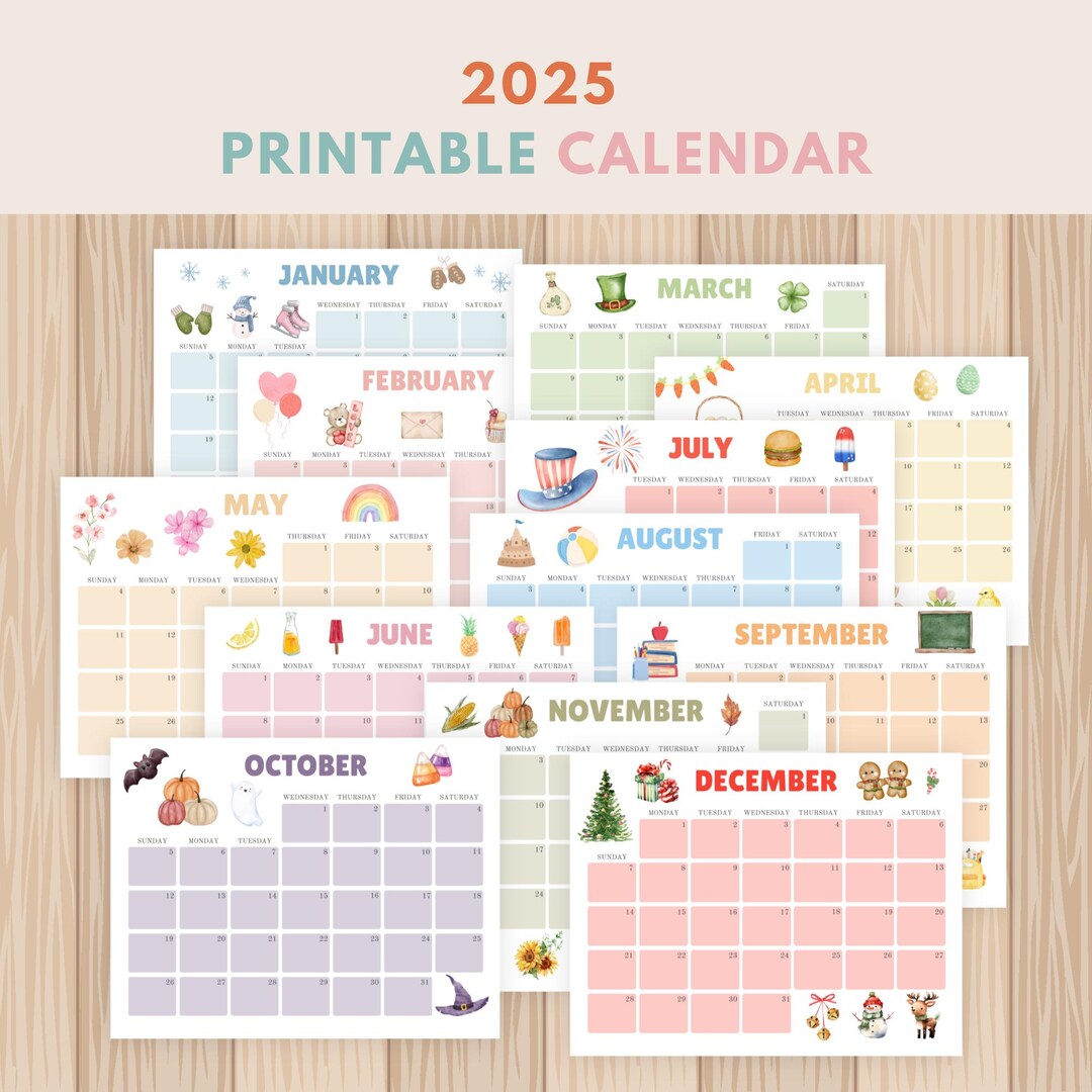 2025 Printable Calendar, Cute Kids Watercolor Calendar 2025, Wall ...