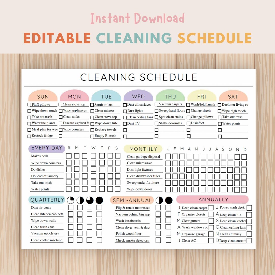 Editable Cleaning Schedule, Chore Chart, Cleaning Checklist, to Do ...