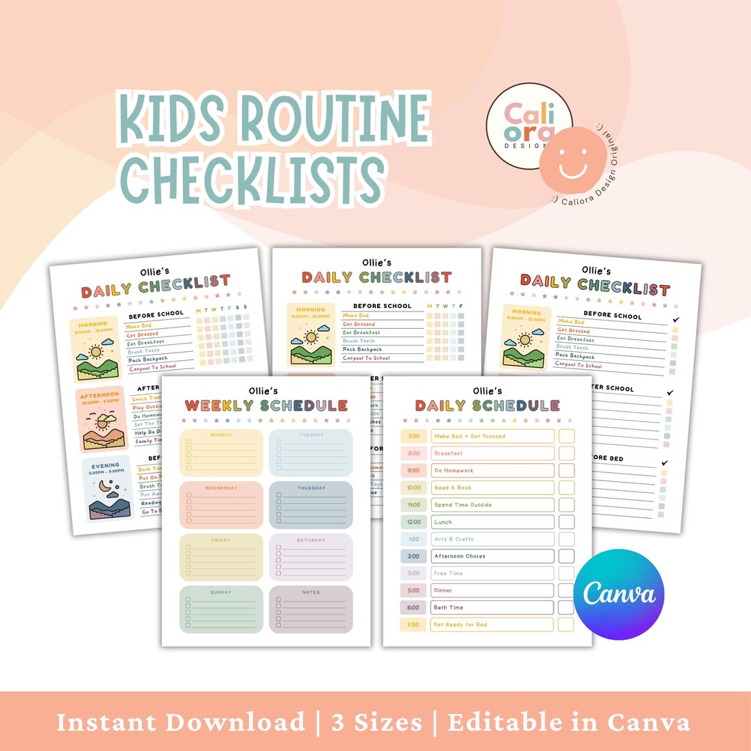 Daily Routine Checklists for Kids, Editable Weekly Planner, Family to ...