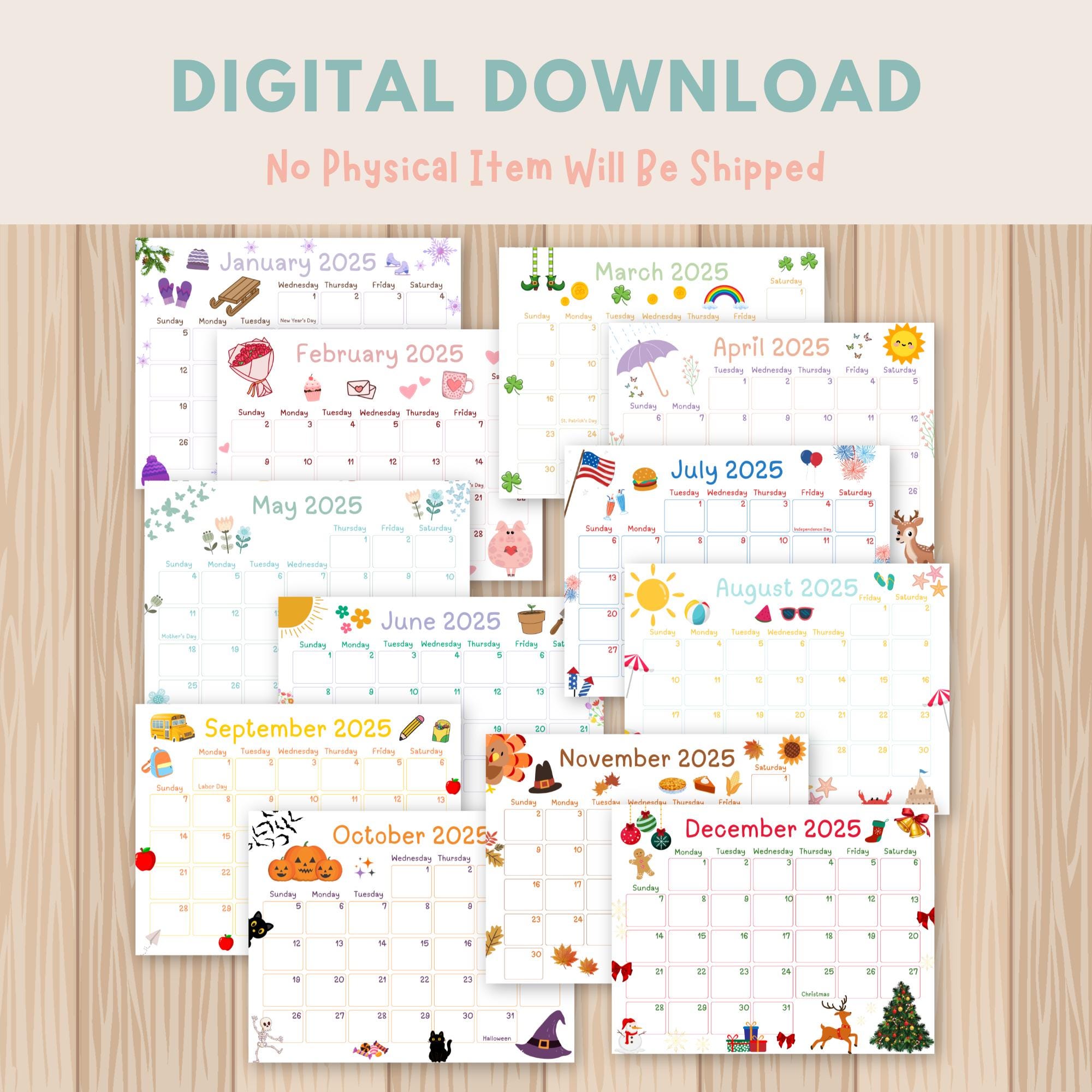 2025 Calendar Printable, Cute Kids Calendar 2025, Wall Calendar PDF ...
