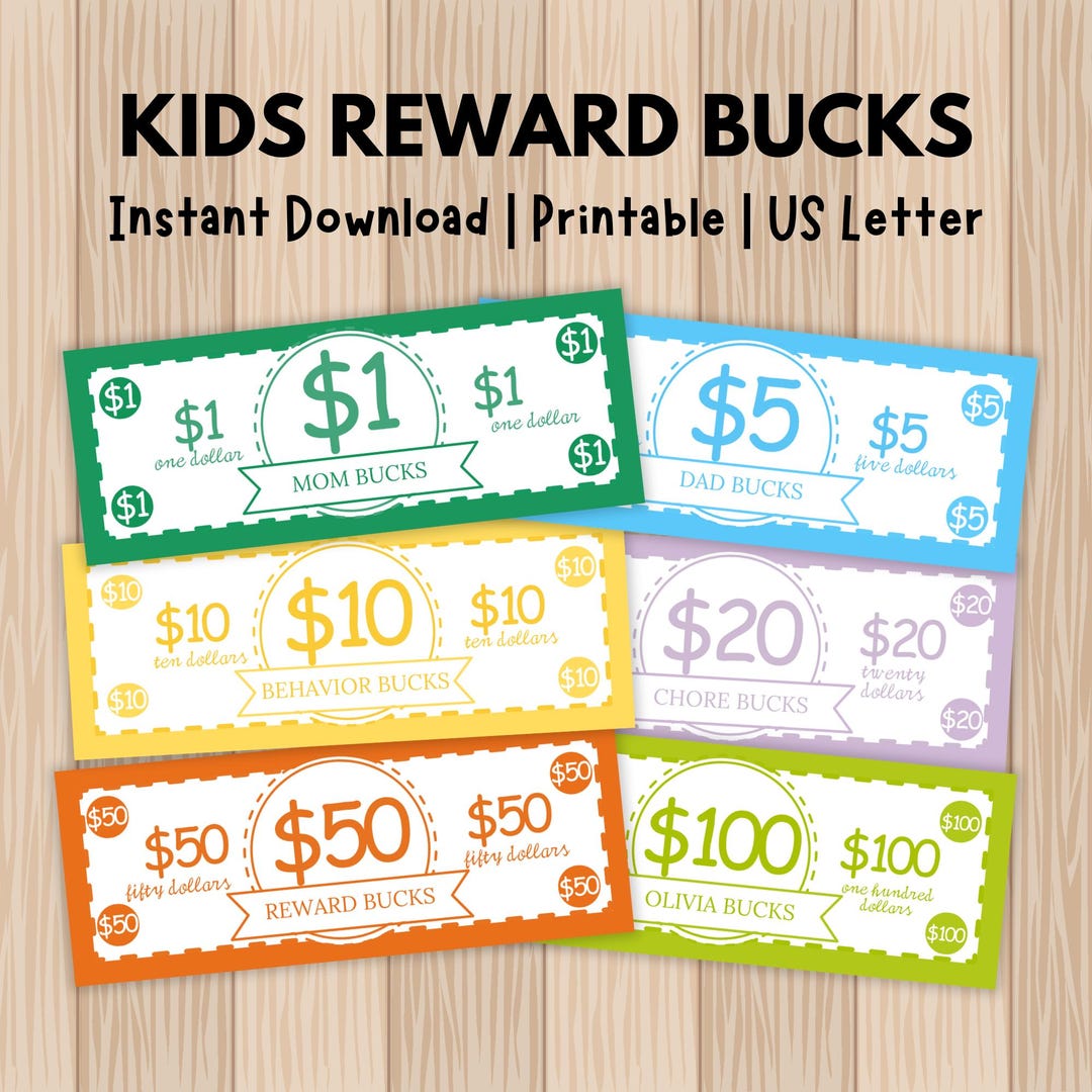 Kids Reward Bucks, Editable Mom Bucks Printable, Kid Reward Chart ...