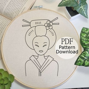 Geisha Embroidery Pattern, Japanese Decor Embroidery Design, Hand ...