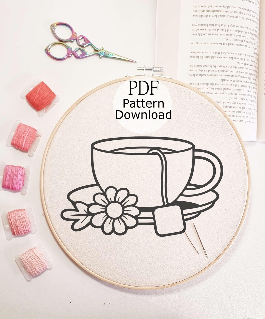 Cute Cup of Tea Embroidery Pattern, Tea Time Embroidery Design, Hand ...