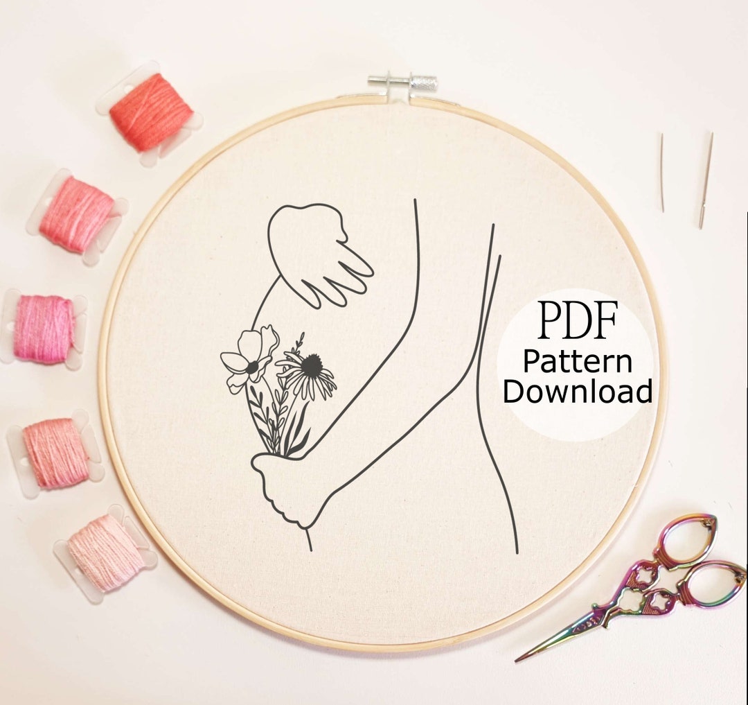 Floral Pregnant Embroidery Design, Maternity Embroidery Pattern, Hand ...