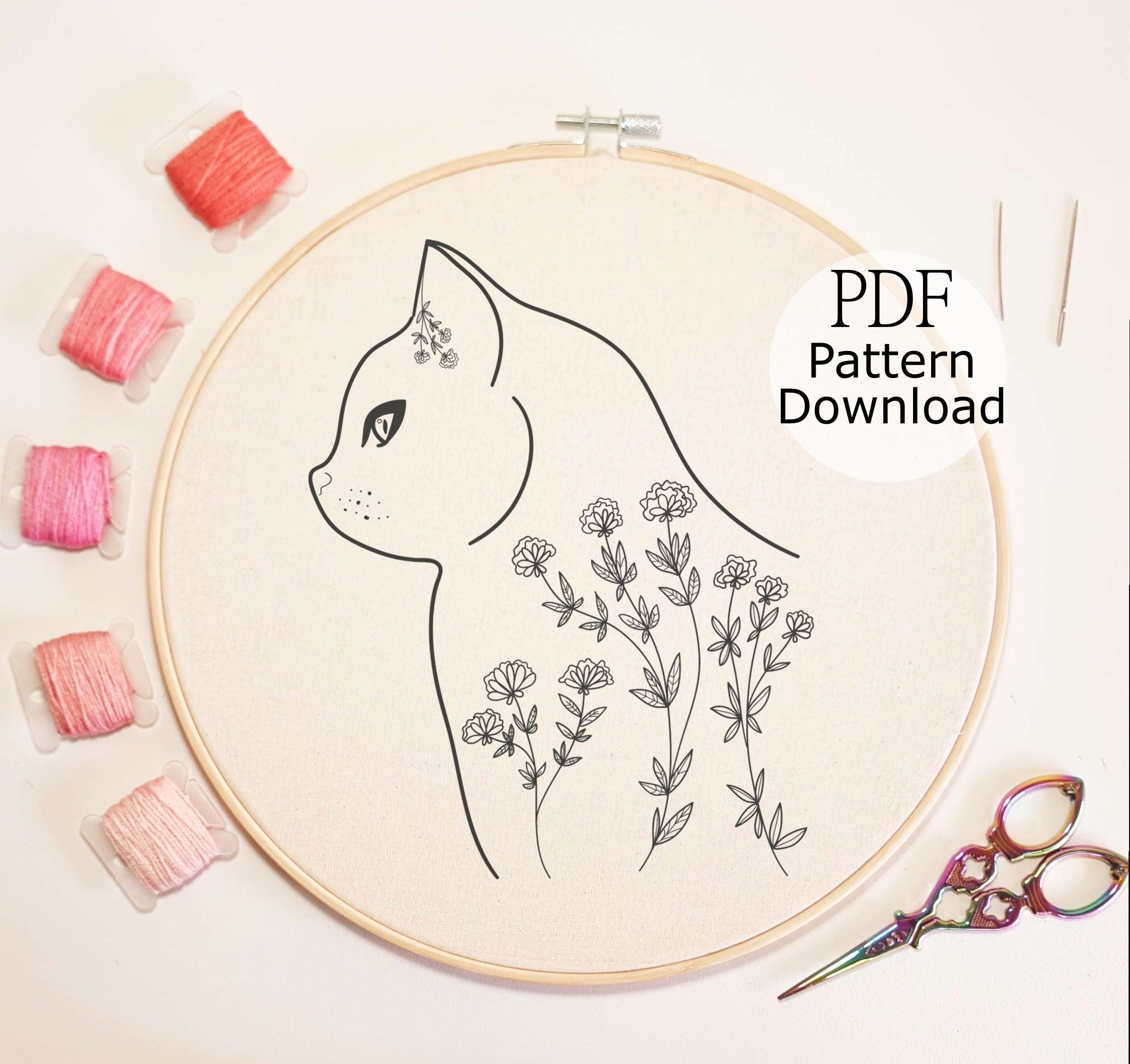 Floral Cat Embroidery Pattern, Hand Embroidery for Begginers, Whimsical ...