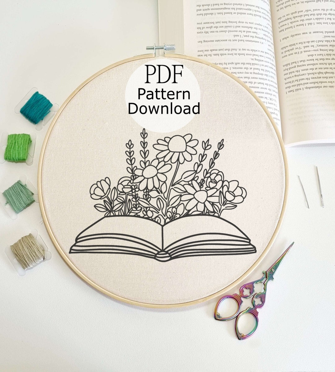 Floral Book Embroidery Pattern, Literature Embroidery Design, Hand ...