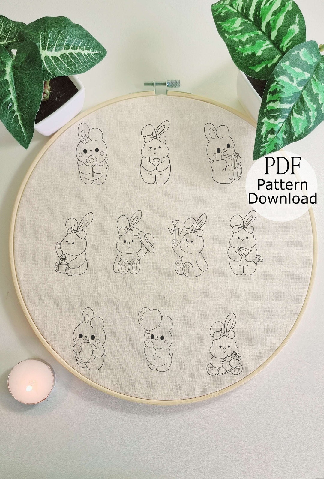 Cute Bunny Embroidery Pattern, PDF Templante, Handmade Gift, Hand ...