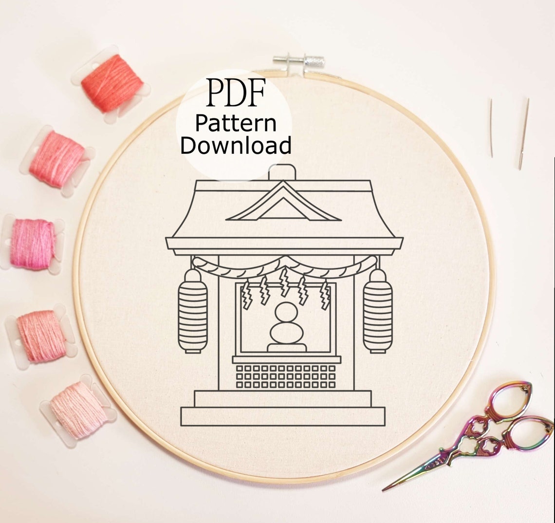 Japanese Shrine Embroidery Pattern, Japanese Decor Embroidery Design ...