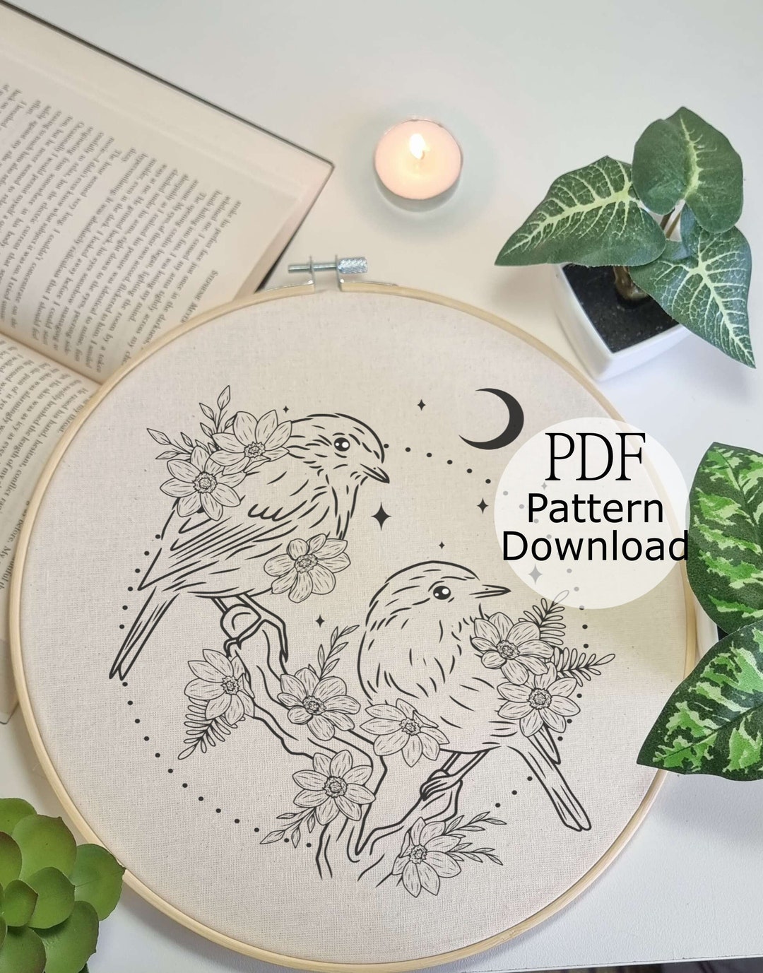 Floral Birds Embroidery Pattern, Botanical Birds Embroidery Design ...