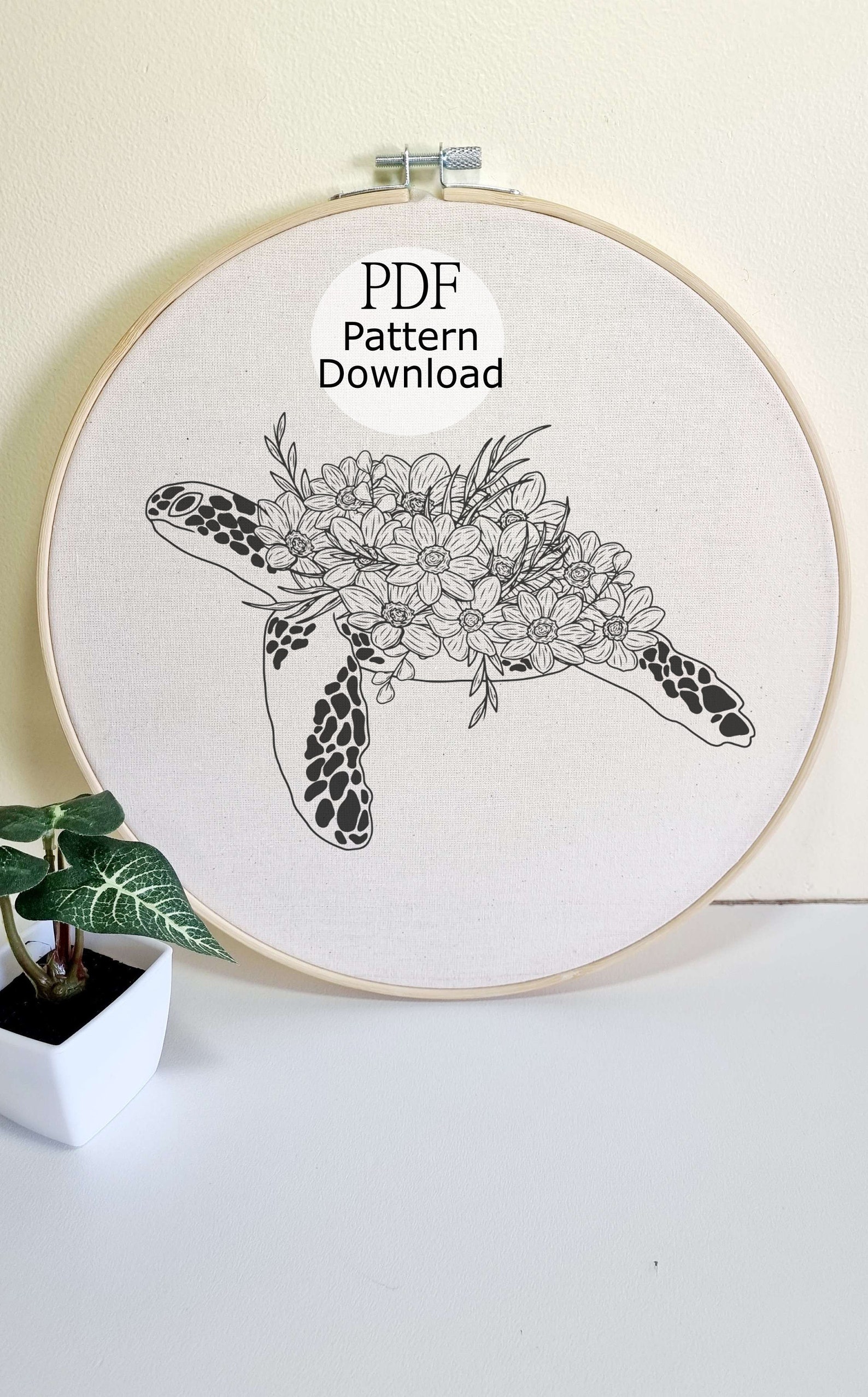 Floral Turtle Embroidery Pattern, DIY Aquatic Needlework Design, Hand ...