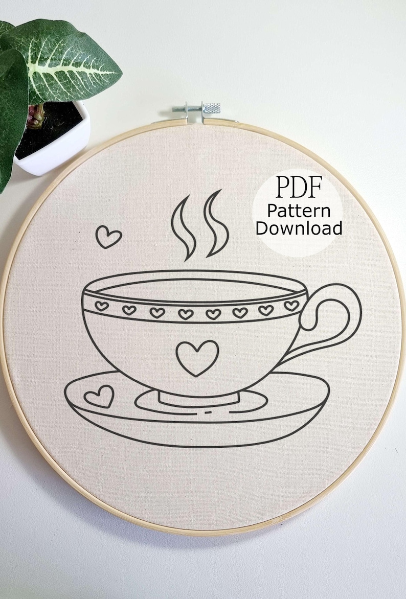Cute Cup of Tea Embroidery Pattern, Tea Time Embroidery Design, Hand ...