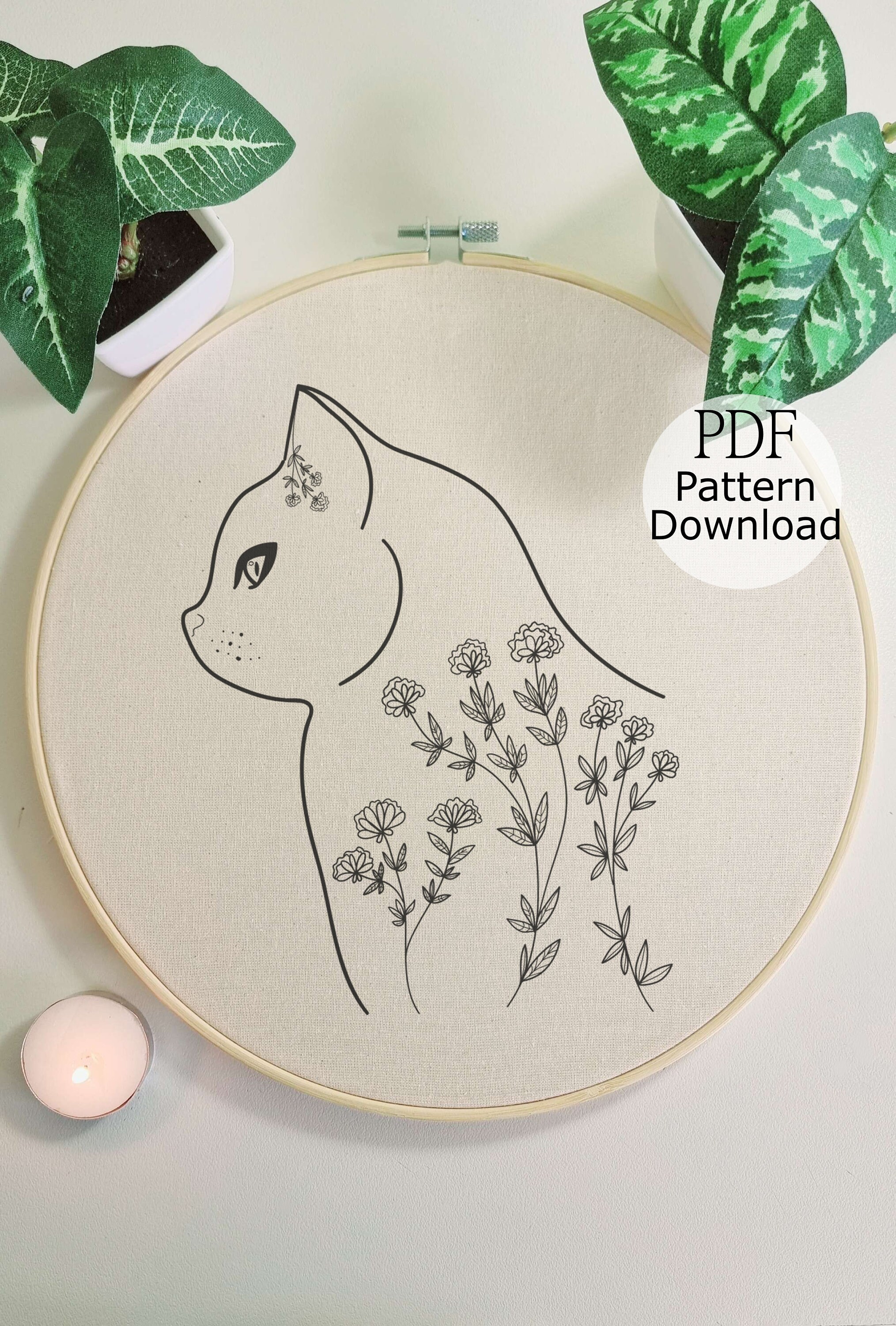 Floral Cat Embroidery Pattern, Hand Embroidery for Begginers, Whimsical ...