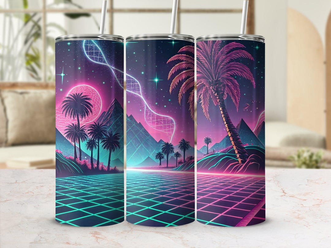 Synthwave Tumbler Wrap, Digital PNG, 80s Retro Design, Neon Palm Trees ...