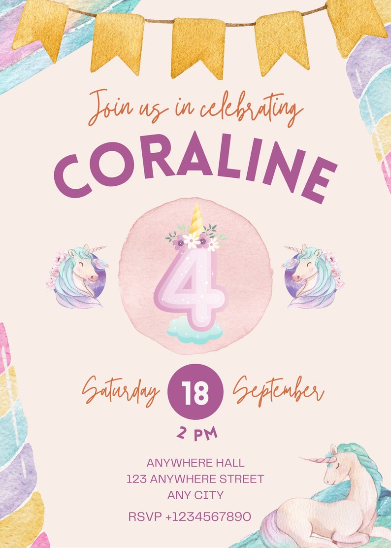 Unicorn Girl Birthday Party Invitation Canva Template Editable - Etsy