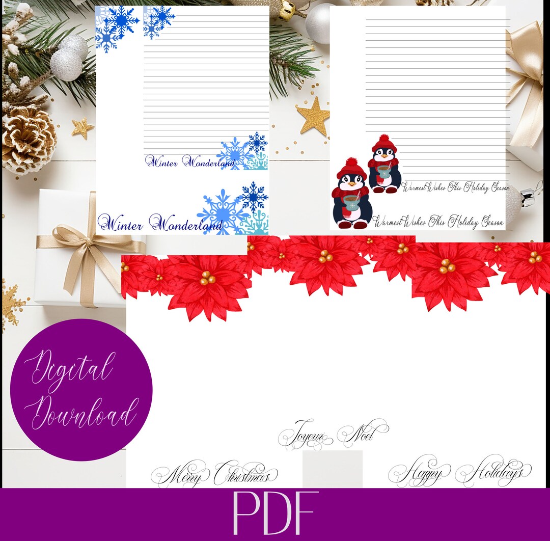Printable PDF Winter Themed Letter Paper Poinsettias, Snowflakes ...