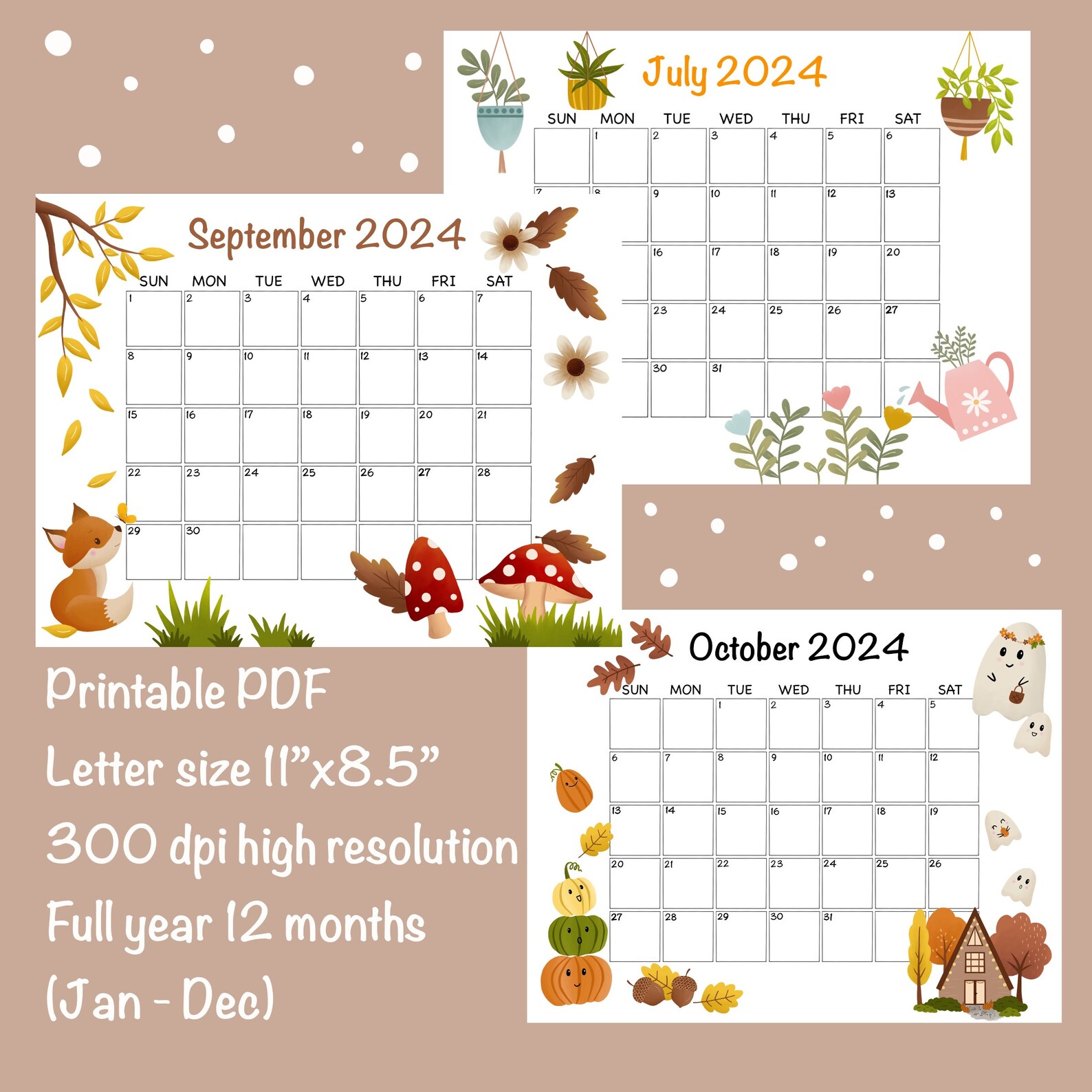 Printable Calendar 2024, Monthly Cute Animal Home School Kids Calendar ...