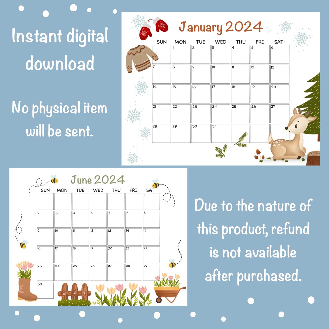 Printable Calendar 2024, Monthly Cute Animal Home School Kids Calendar ...