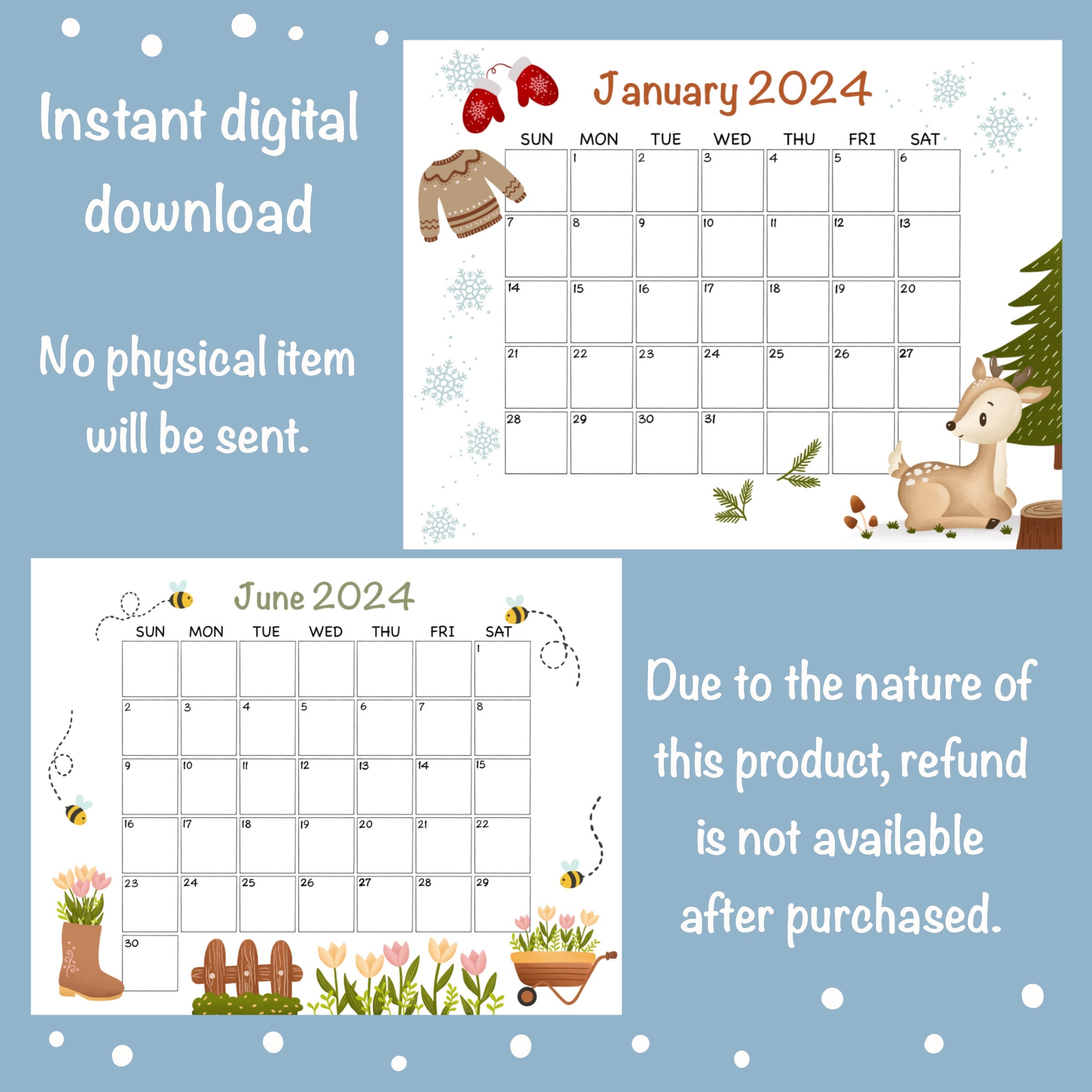Printable Calendar 2024, Monthly Cute Animal Home School Kids Calendar ...
