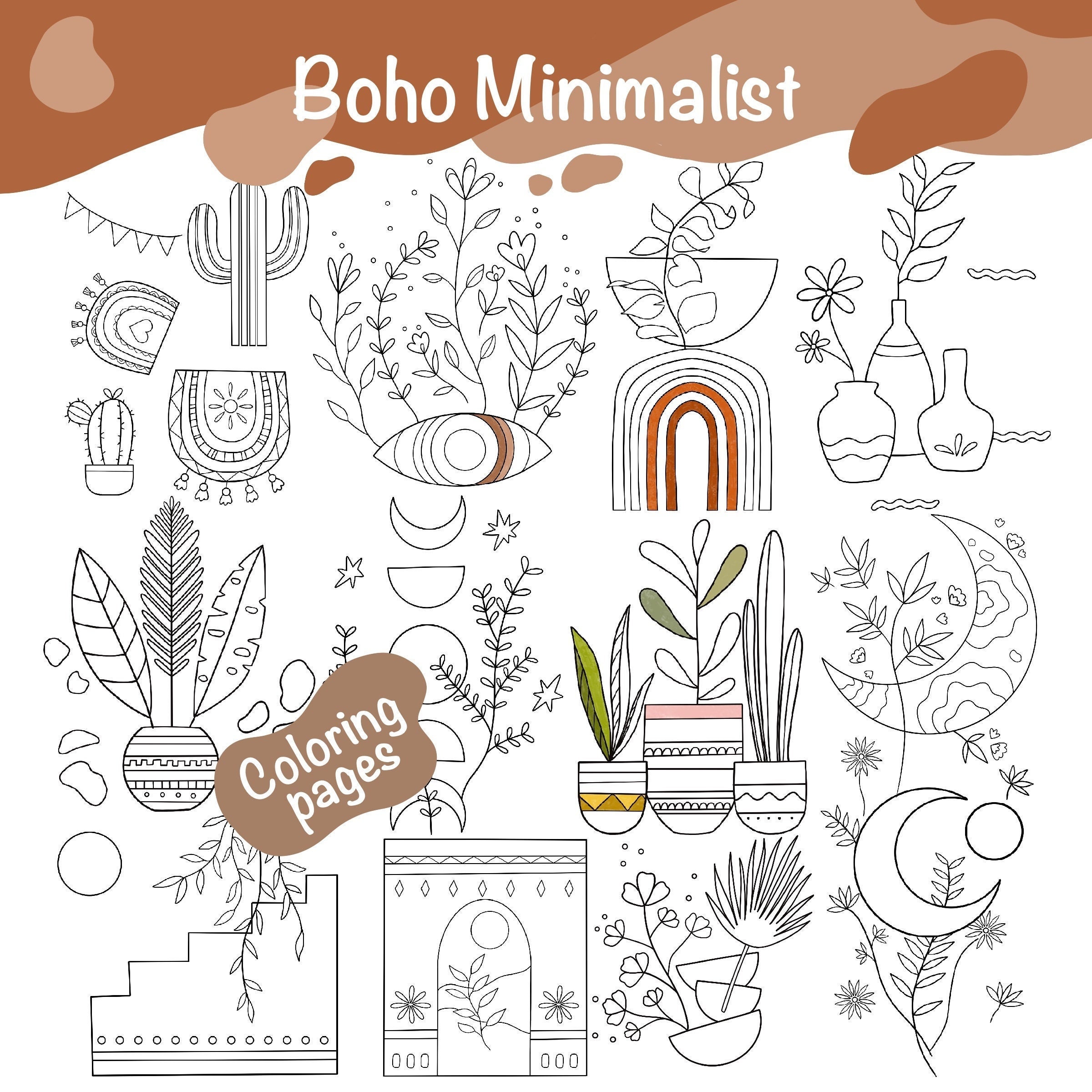 Printable Coloring Pages Pdf for Adult Teens Kids, Boho Minimalist Cozy ...