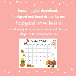 Printable Calendar October 2024, Monthly Cute Ghost Pumpkin Fall Autumn ...