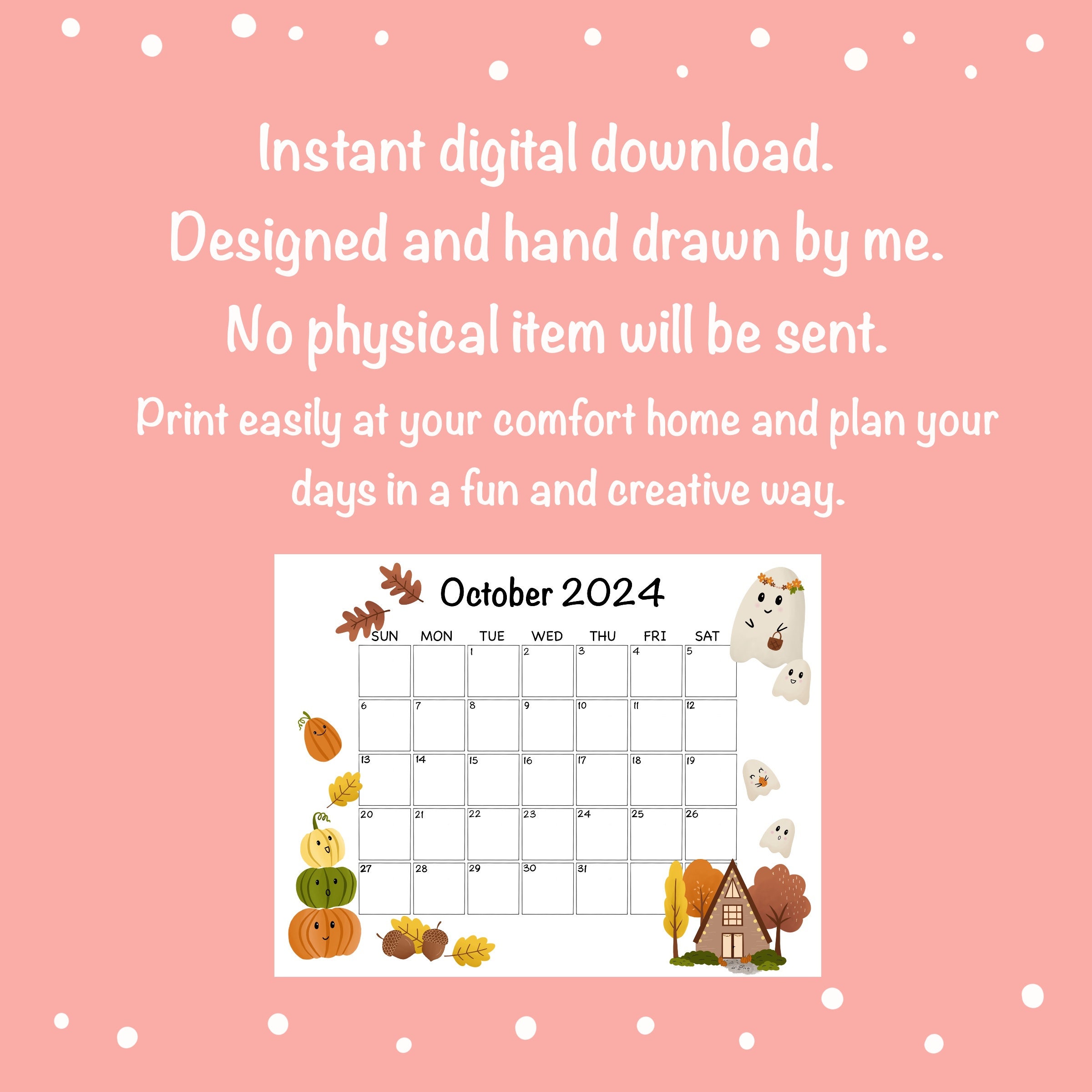 Printable Calendar October 2024, Monthly Cute Ghost Pumpkin Fall Autumn ...