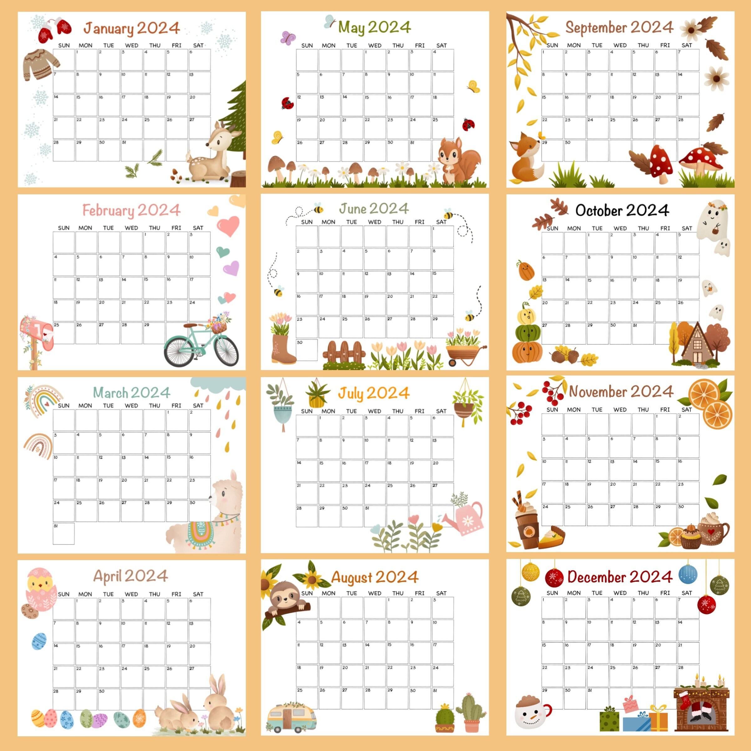Printable Calendar 2024, Monthly Cute Animal Home School Kids Calendar ...