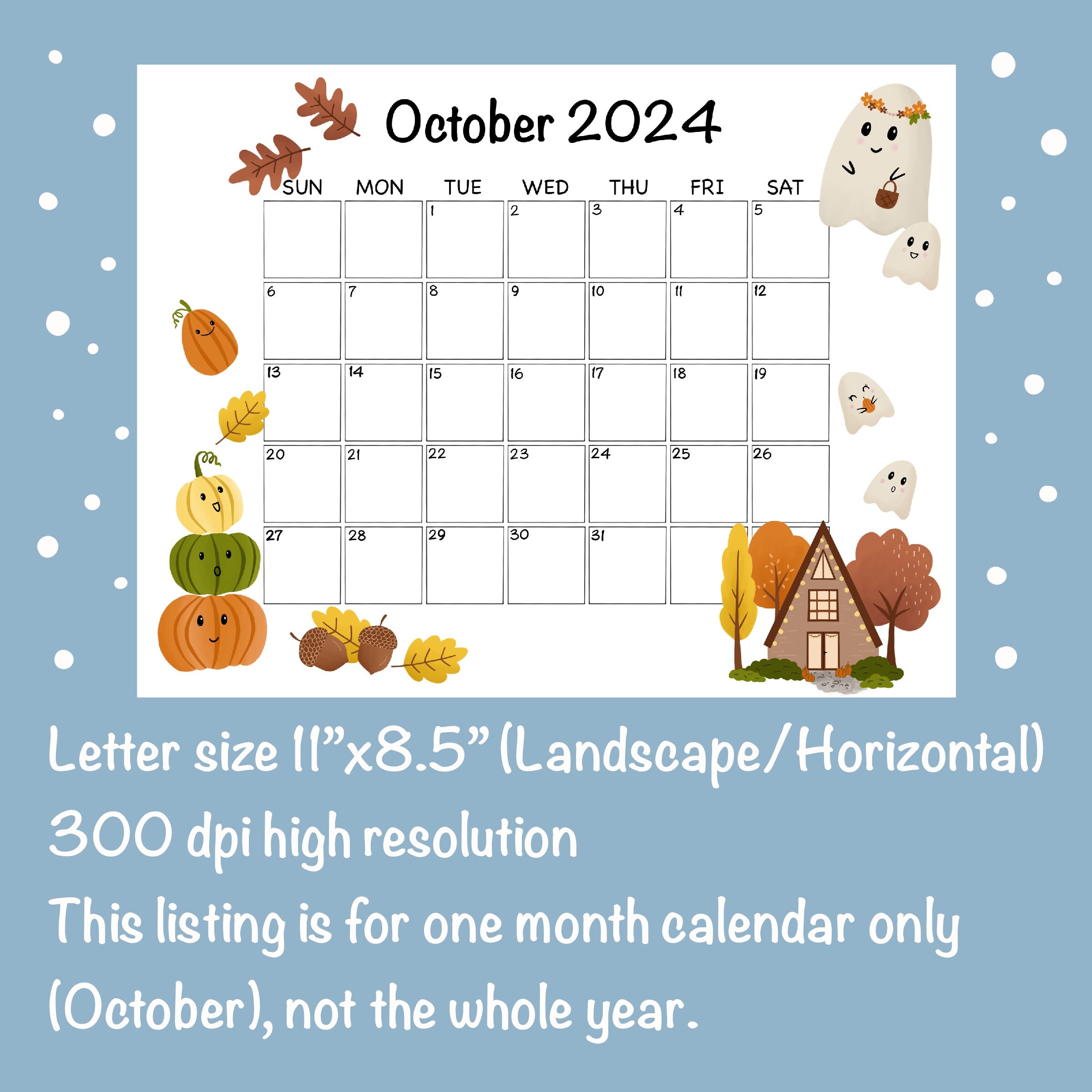 Printable Calendar October 2024, Monthly Cute Ghost Pumpkin Fall Autumn ...